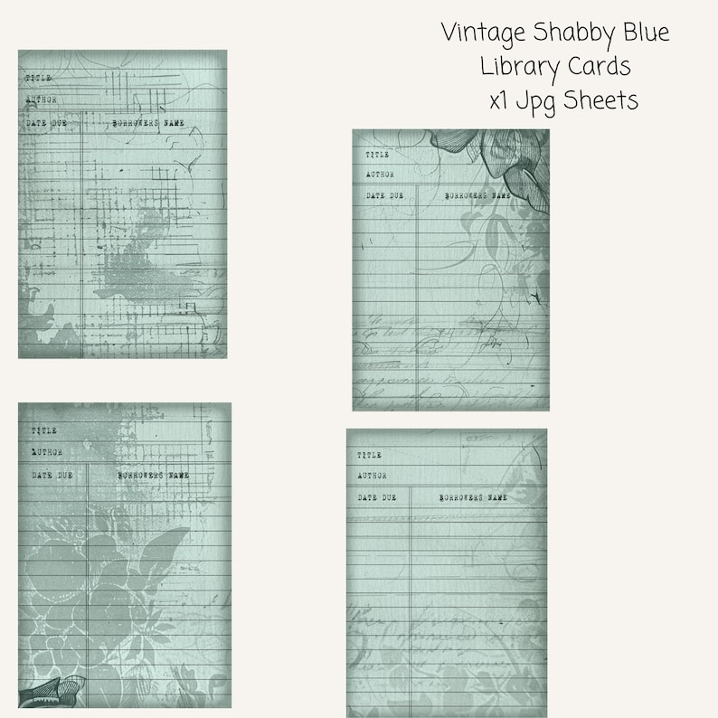 Vintage Shabby Blue Library Cards, Printable Library Book Cards ...
