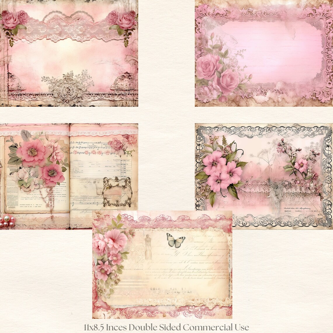 Junk Journal Printable, Pink Flowers and Lace Vintage Journal Pages ...