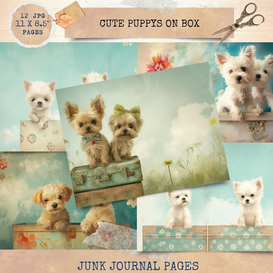 Junk Journal Printable, Puppies on a Box, Vintage Journal Paper ...