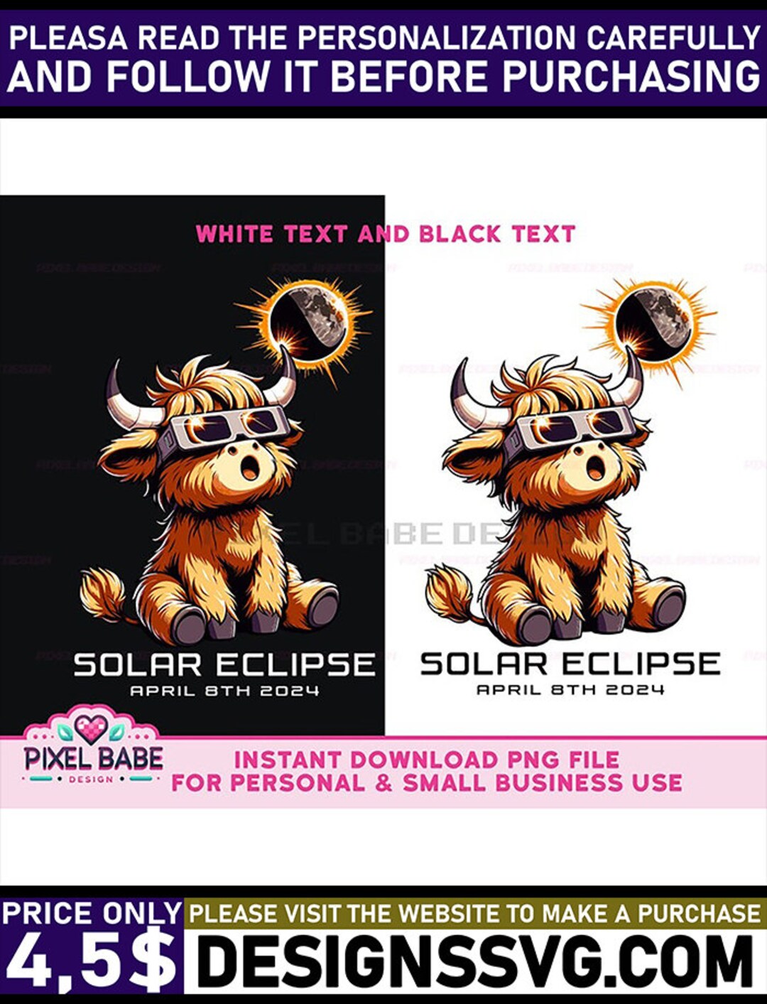 Highland Cow Solar Eclipse April 8th 2024 Digital Download, April 8th ...