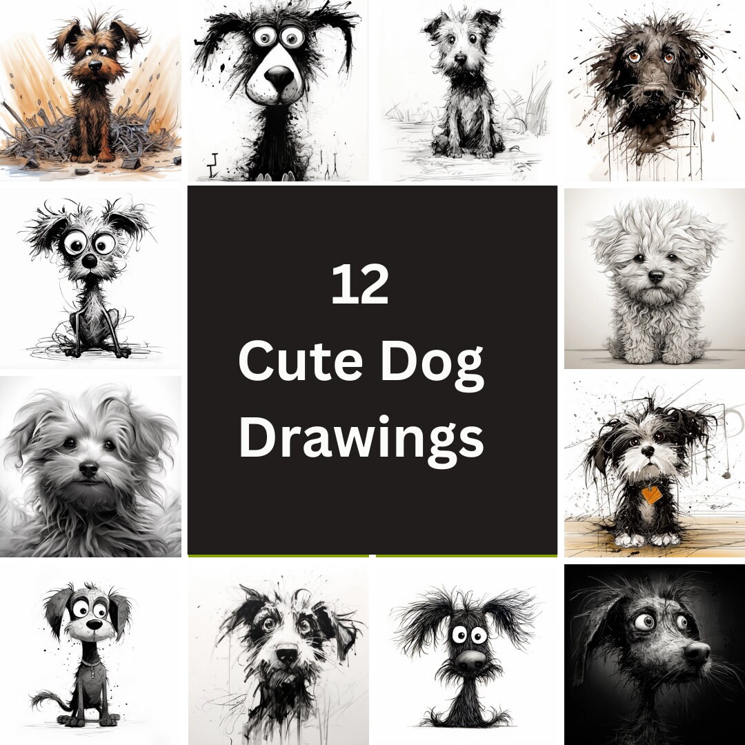 12 Cute Dog Drawings Digital Sketches Clip Art in PNG Format for Wall ...