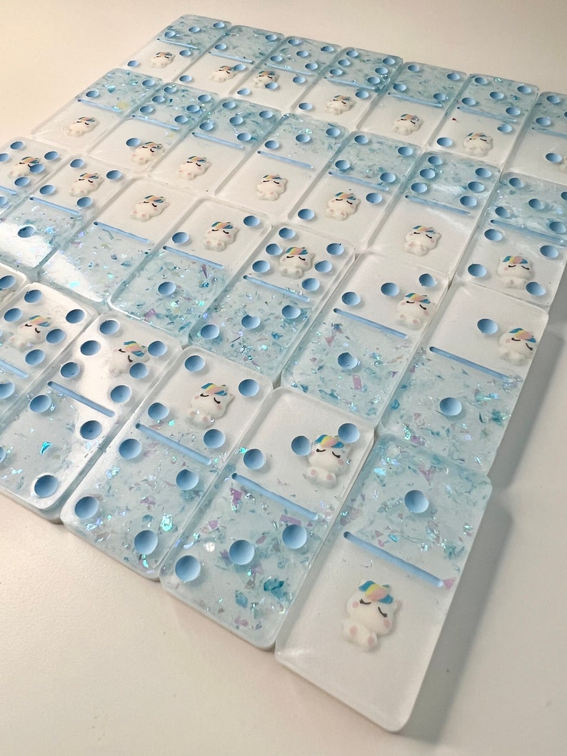 Unique Resin Domino Set (blue and White) With Unicorn Charms, 28 Pieces ...