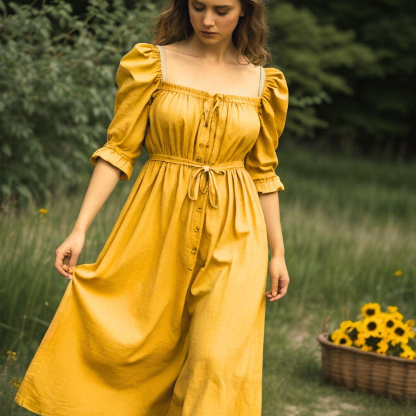 Golden Yellow Renaissance Dress | Puff Sleeve Peasant Gown | Women’s ...