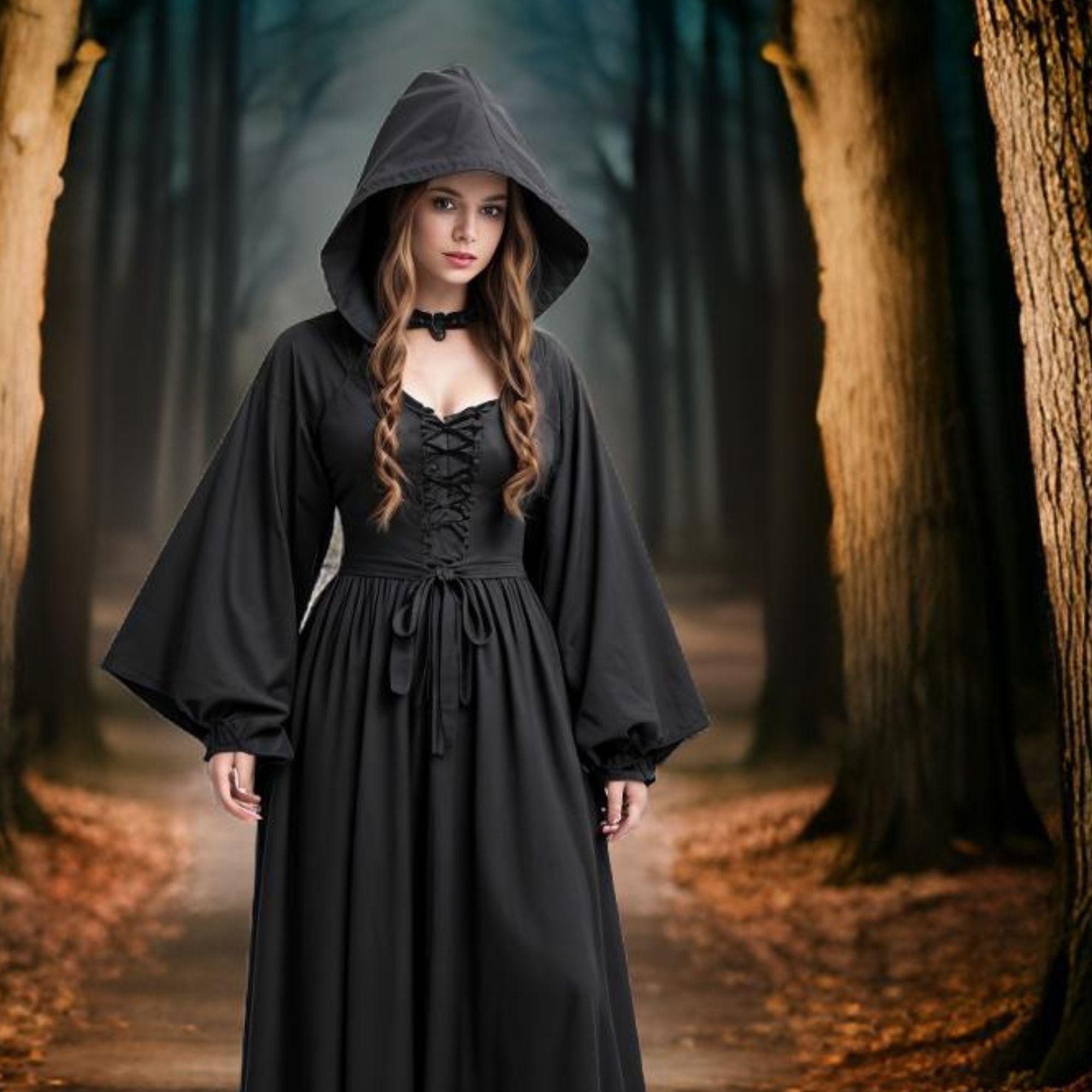 Gothic Black Hooded Renaissance Dress | Medieval Horror Costume | Witch ...