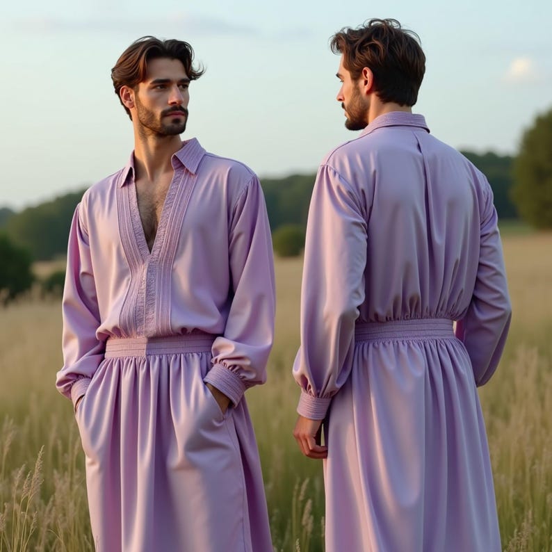 Lavender Men's Tunic, Elastic Waist Design, Flowing Maxi Dress, Elegant ...