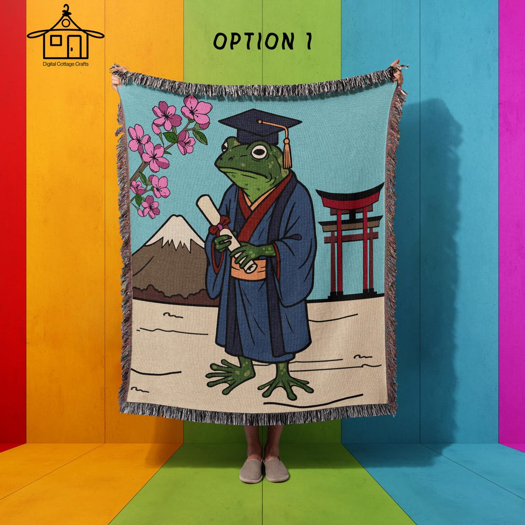 Frog Graduation Japanese Art Blanket, Funny Ukiyo-e Frog Meme, Cherry ...