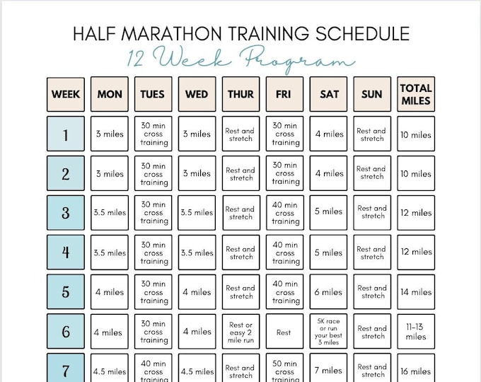 12 Week Half Marathon Training Plan/schedule for Beginners Monday Start ...