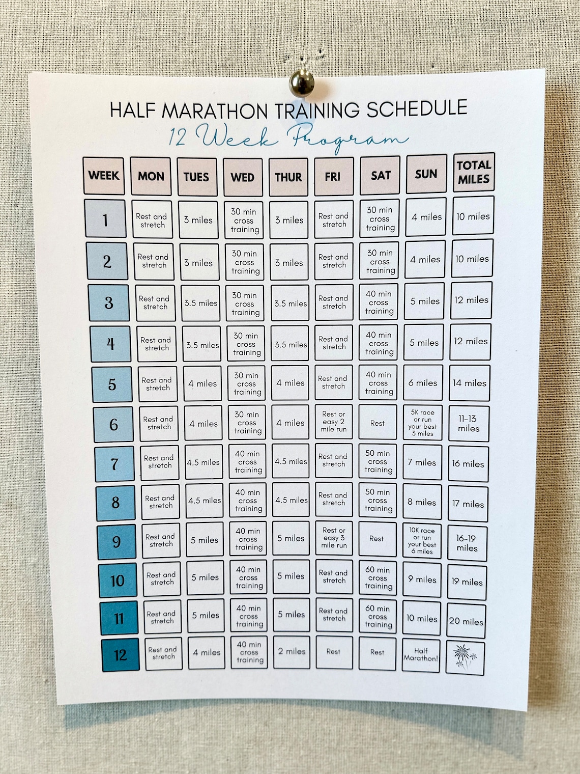 12 Week Half Marathon Training Plan/schedule for Beginners - Tuesday ...