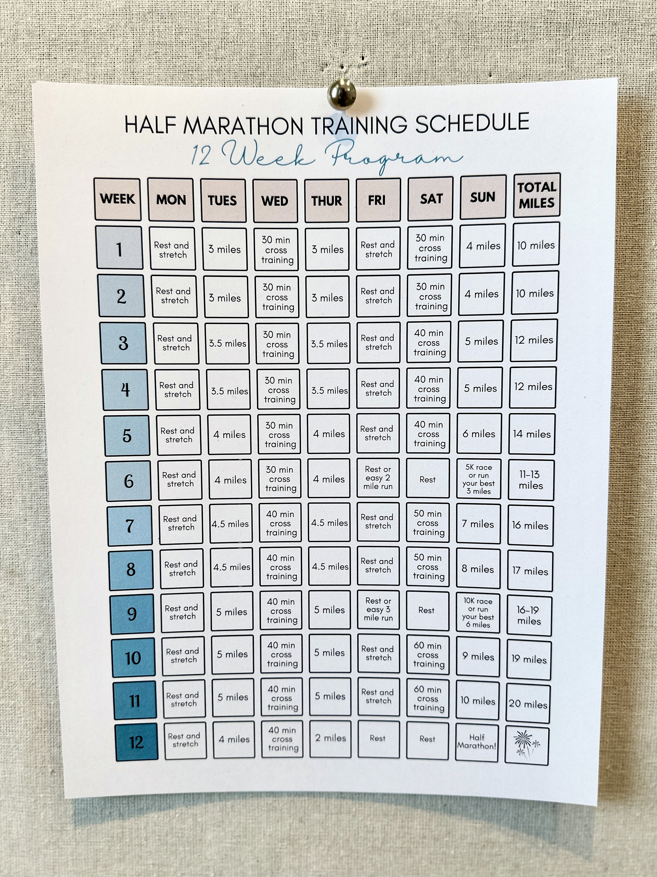12 Week Half Marathon Training Plan/schedule for Beginners - Tuesday ...