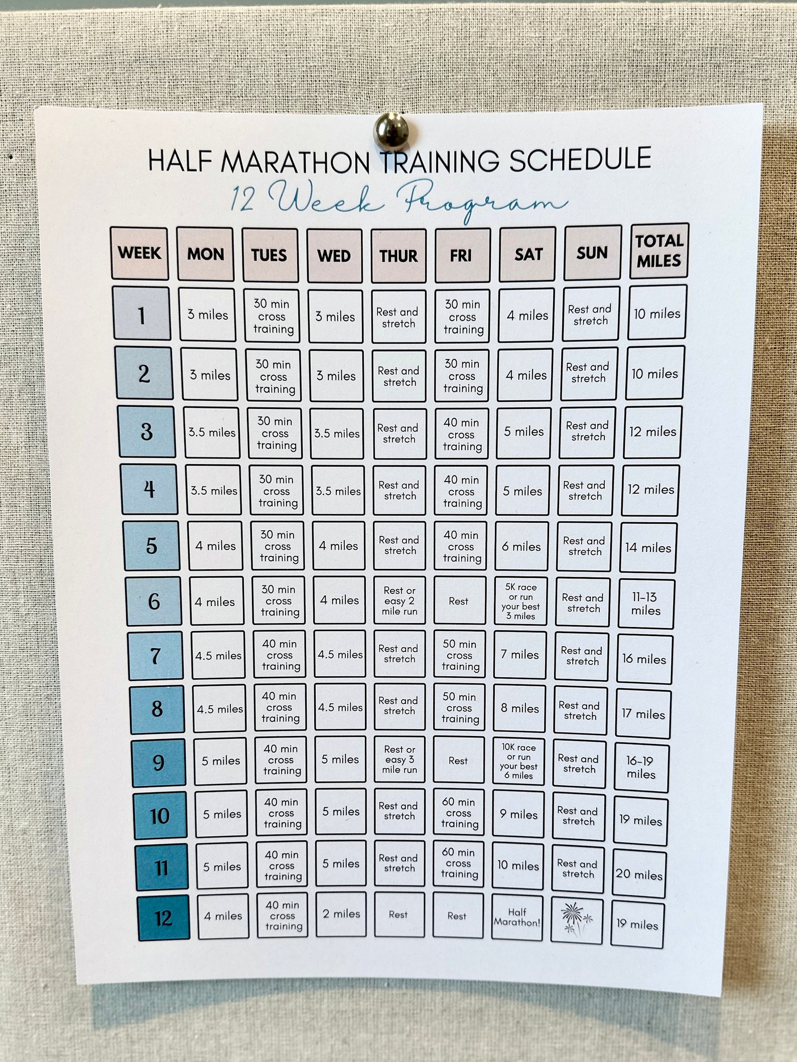 12 Week Half Marathon Training Plan/schedule for Beginners - Monday ...