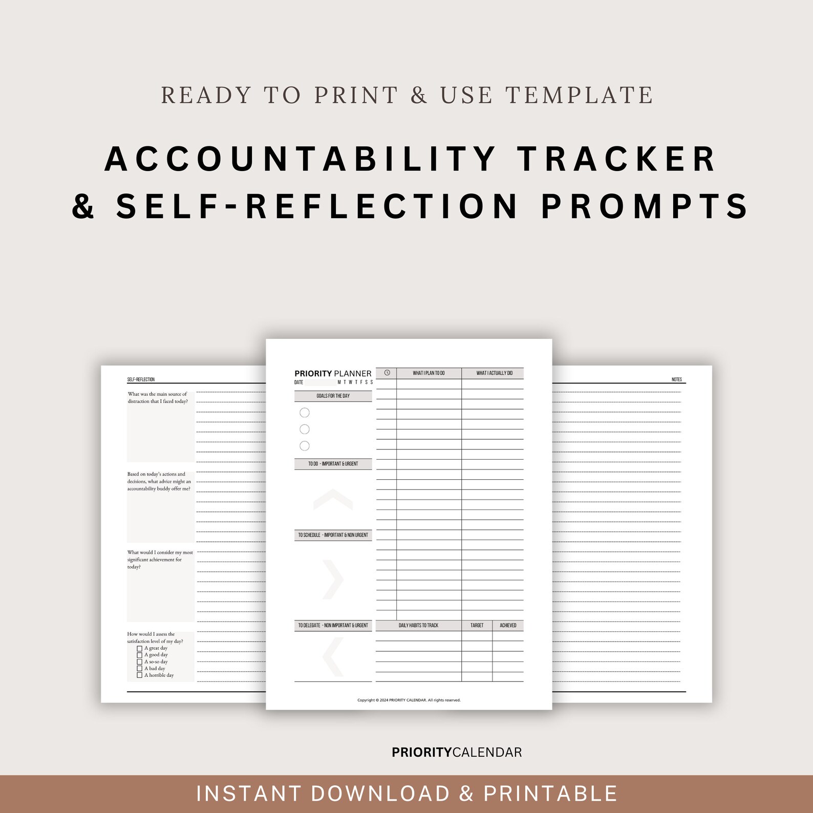 Undated Printable Daily Planner, Accountability Tracker, Minimalist ...