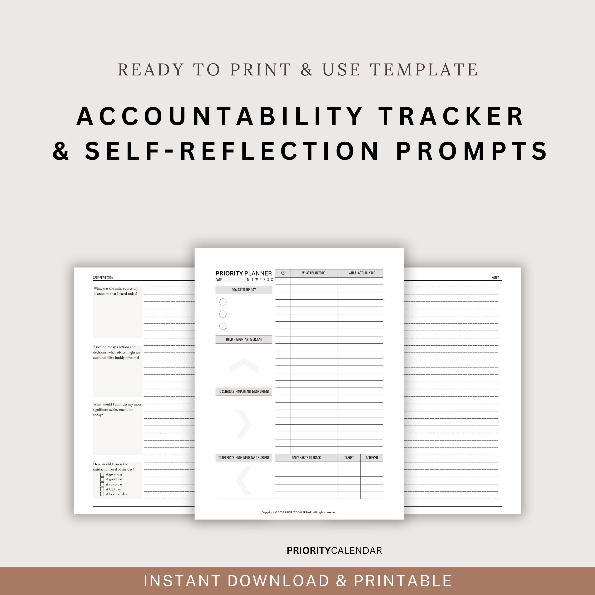 Undated Printable Daily Planner, Accountability Tracker, Minimalist ...