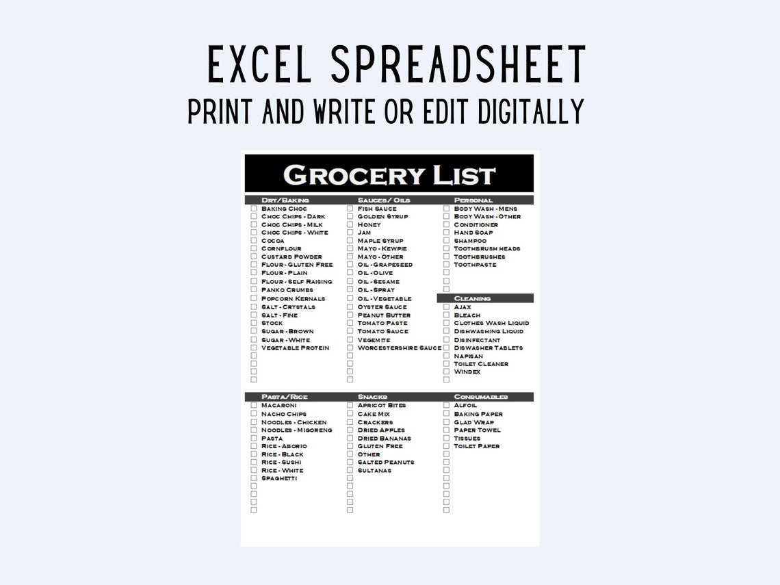 Editable and Printable Master Grocery List Spreadsheet, Grocery Planner ...