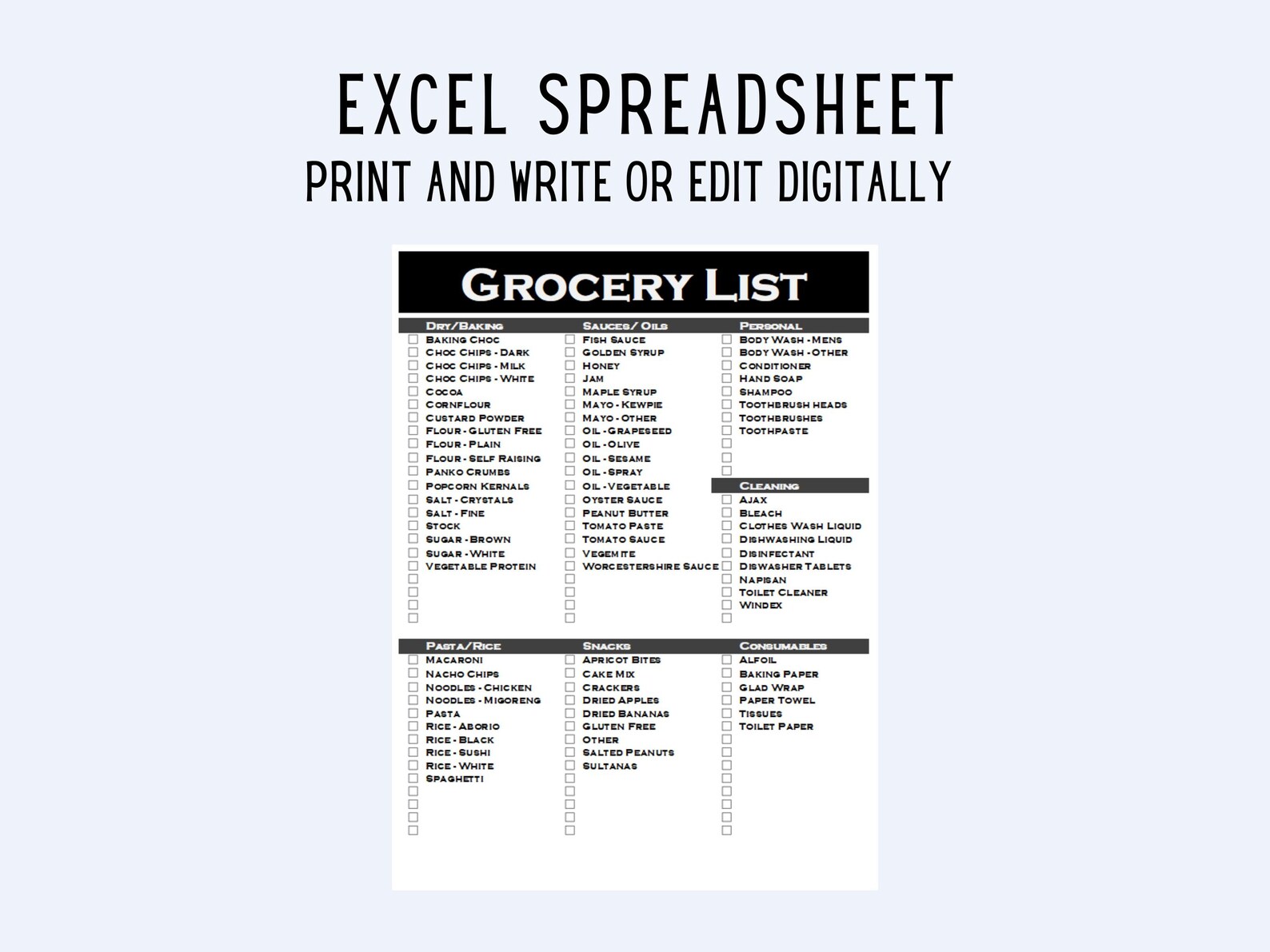Editable and Printable Master Grocery List Spreadsheet, Grocery Planner ...