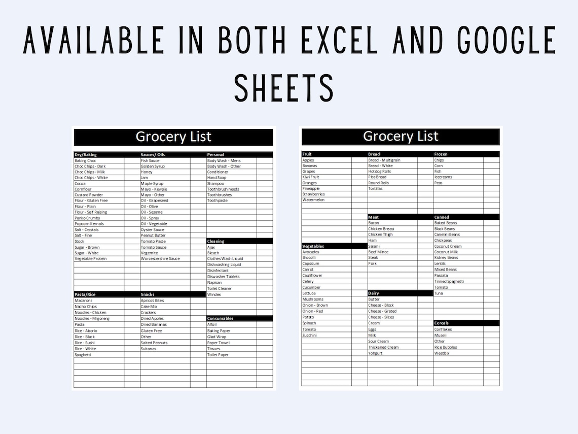 Editable and Printable Grocery List Spreadsheet, Grocery List Planner ...