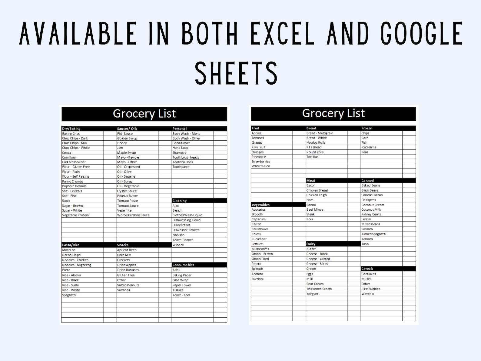 Editable and Printable Grocery List Spreadsheet, Grocery List Planner ...