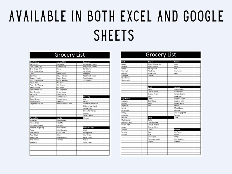 Editable and Printable Grocery List Spreadsheet, Grocery List Planner ...