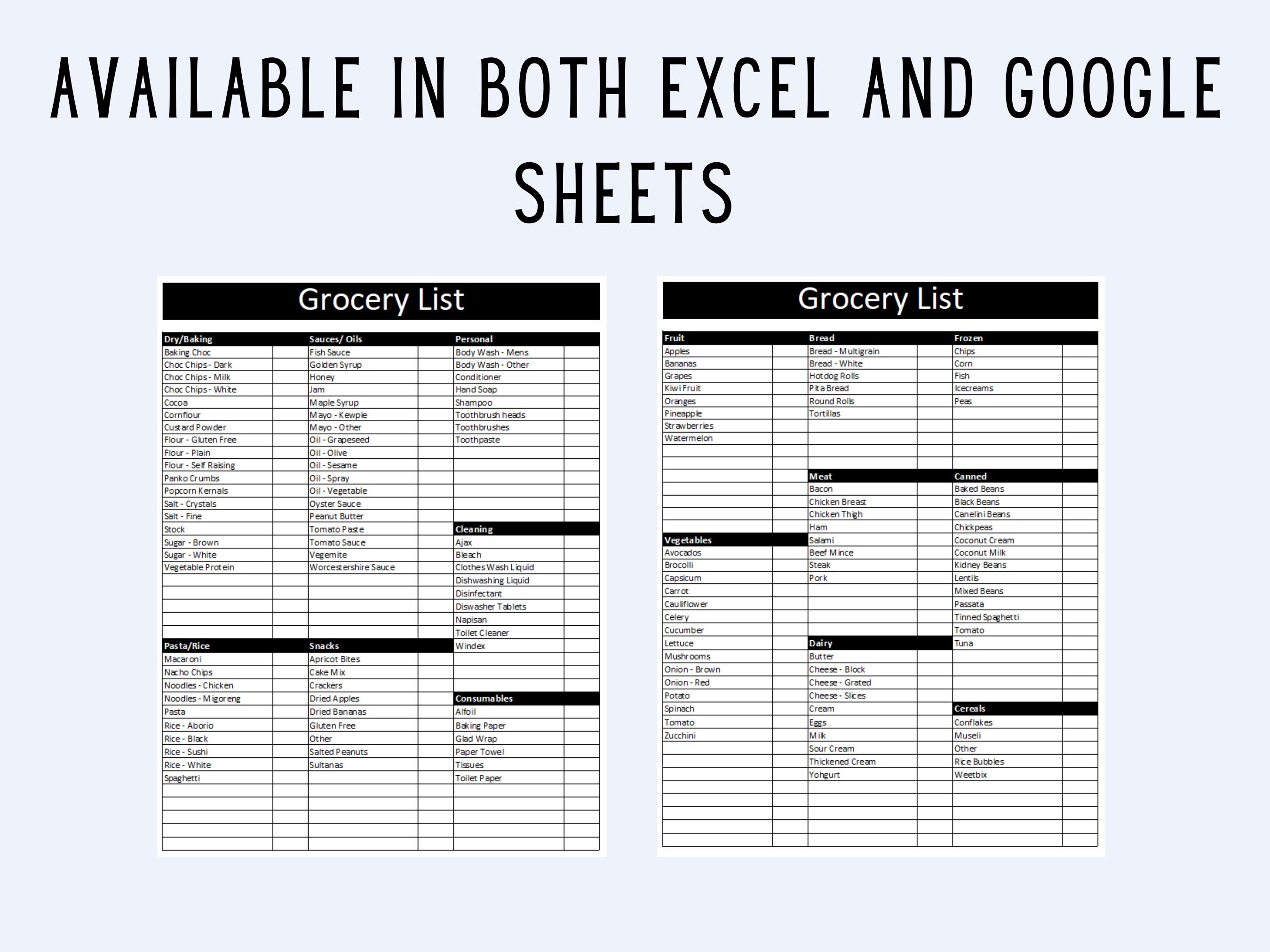 Editable and Printable Grocery List Spreadsheet, Grocery List Planner ...
