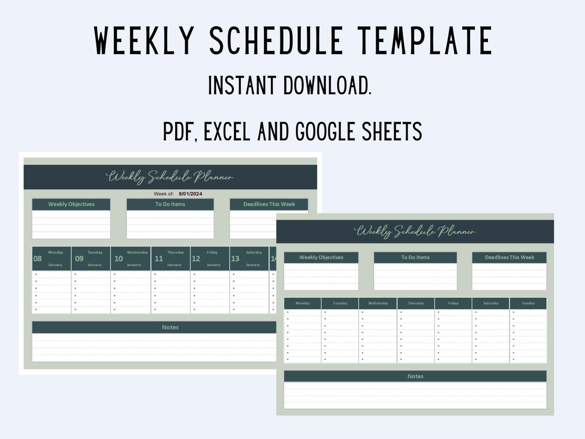 Weekly Planner Spreadsheet & Printable, Minimalist Weekly Schedule ...