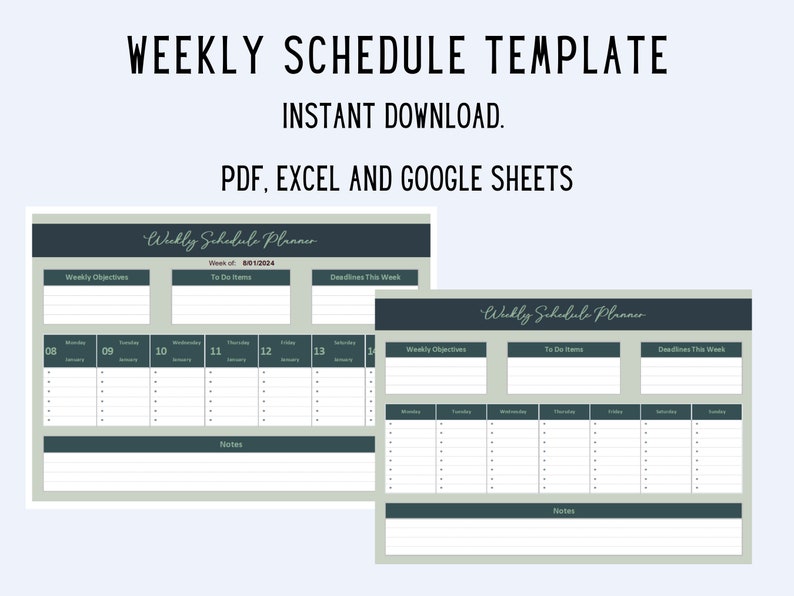 Weekly Planner Spreadsheet & Printable, Minimalist Weekly Schedule ...