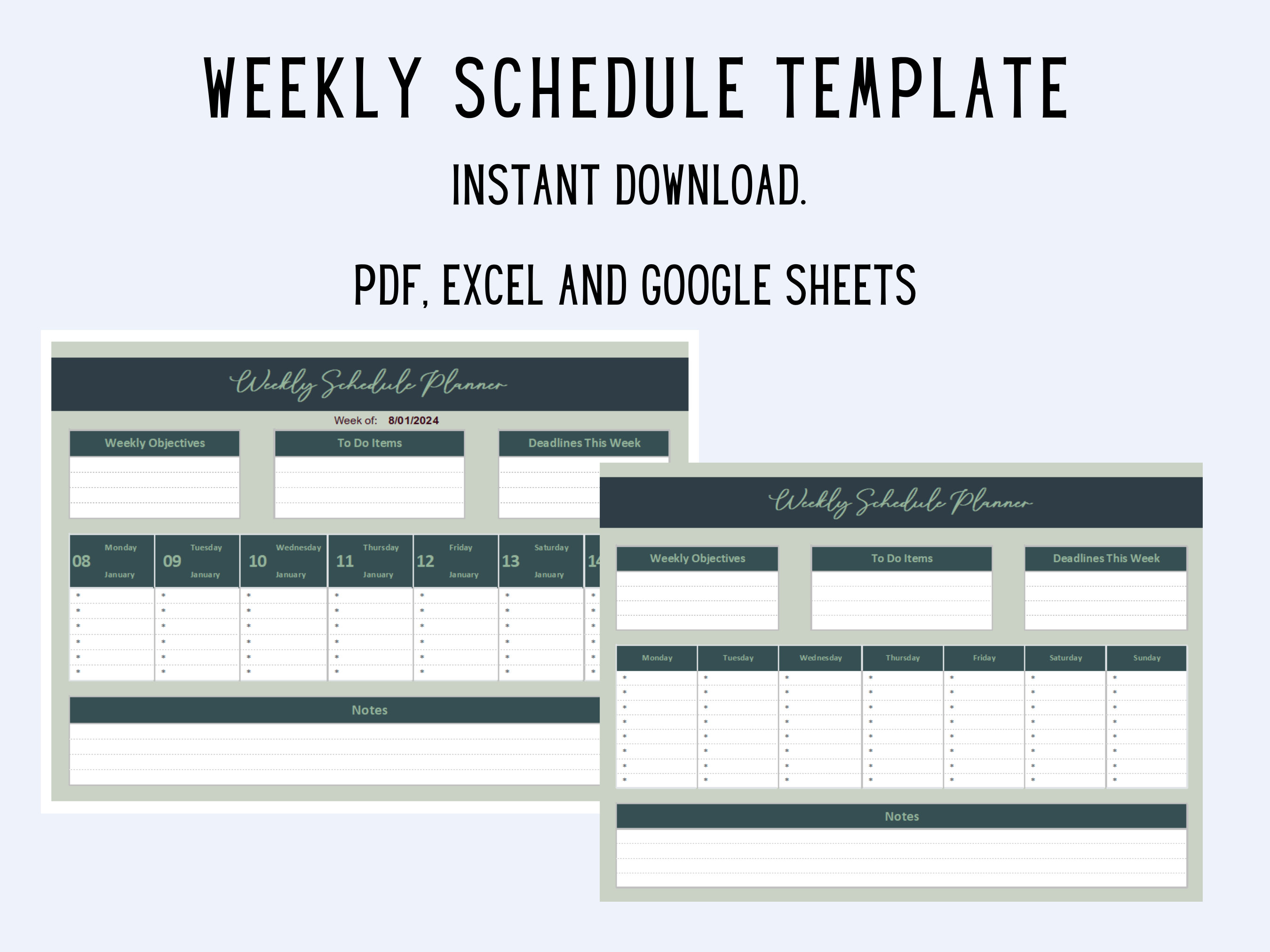 Weekly Planner Spreadsheet & Printable, Minimalist Weekly Schedule ...