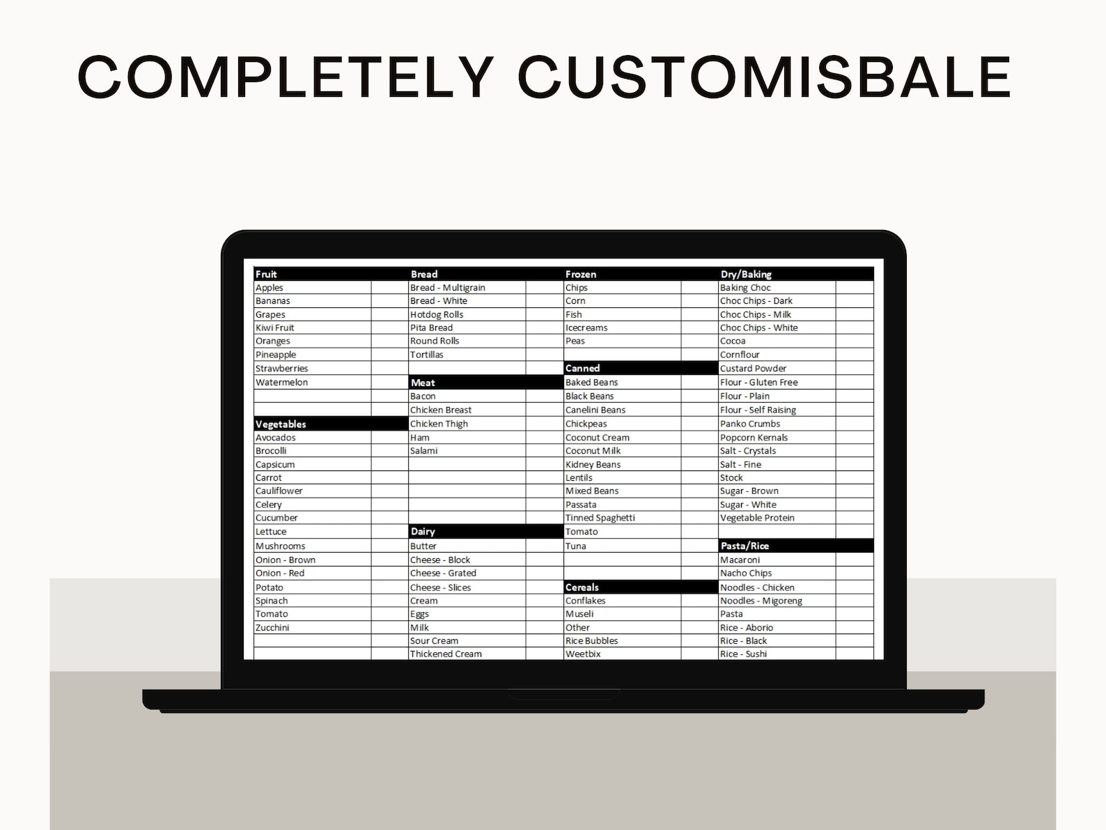 Editable And Printable Master Grocery List Spreadsheet Grocery Planner