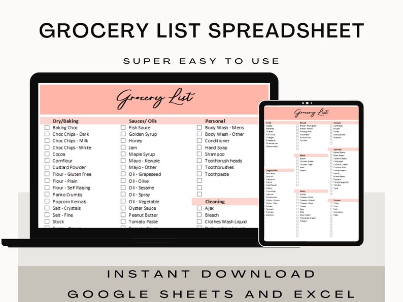 Editable and Printable Master Grocery List Spreadsheet, Grocery Planner, Food Shopping List ...