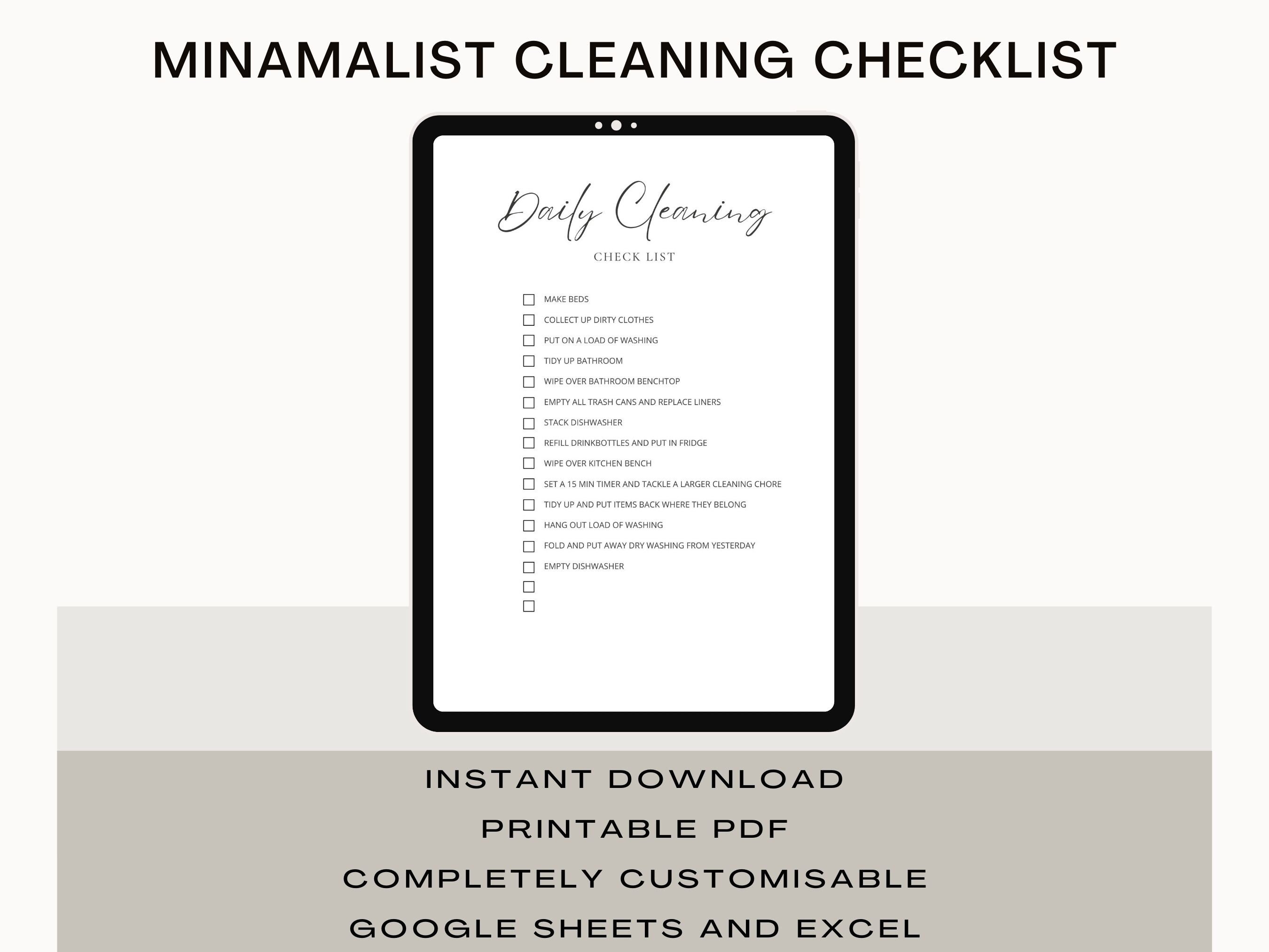 Minimalist Cleaning Checklist Spreadsheet , Excel Daily Cleaning ...