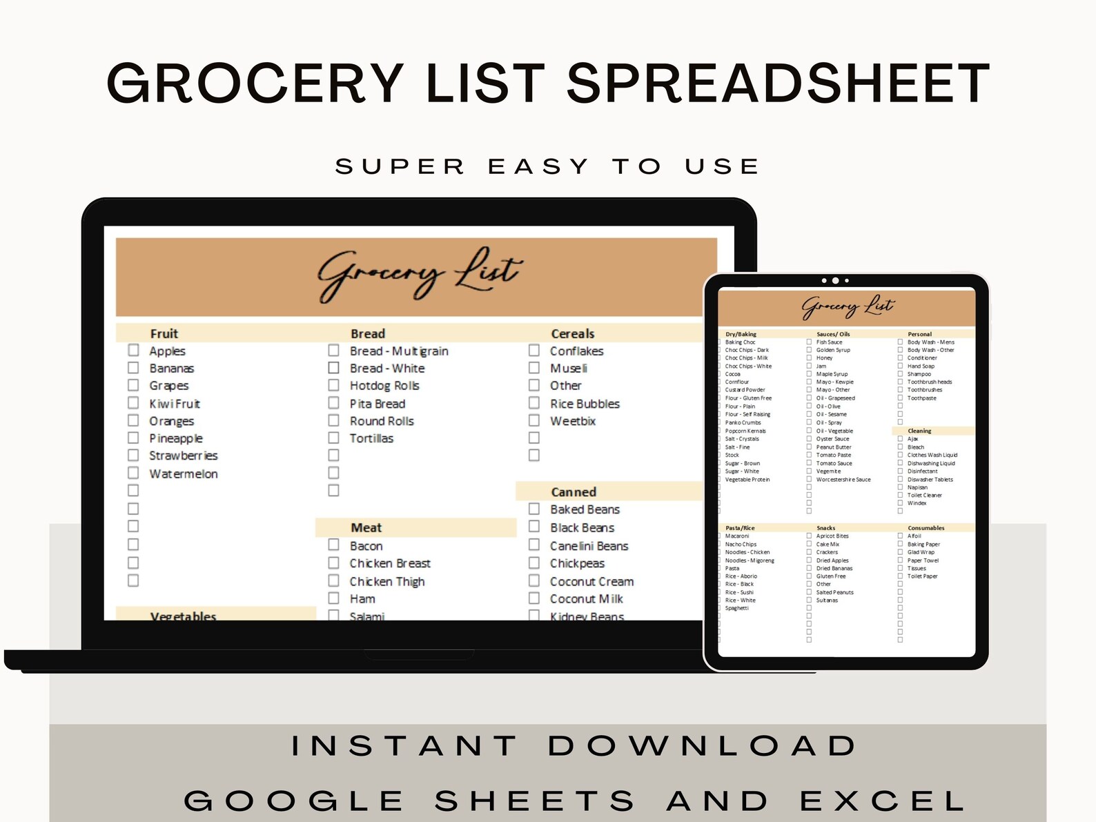 Editable and Printable Master Grocery List Spreadsheet, Grocery Planner ...