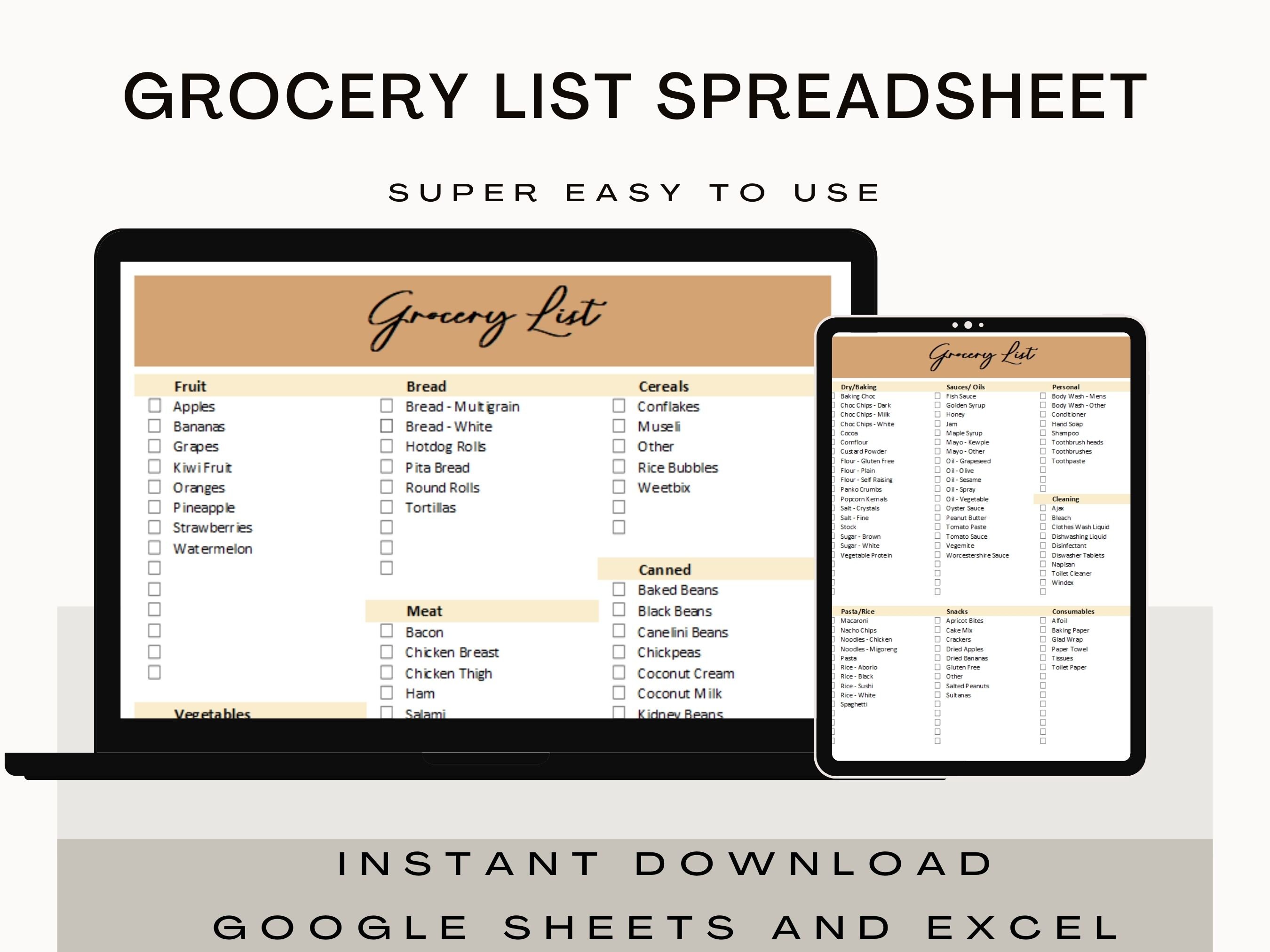 Editable and Printable Master Grocery List Spreadsheet, Grocery Planner ...