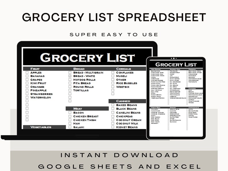 Editable and Printable Master Grocery List Spreadsheet, Grocery Planner ...