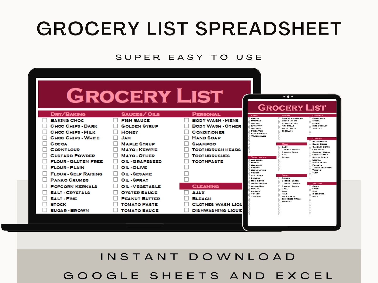 Editable and Printable Master Grocery List Spreadsheet, Grocery Planner ...