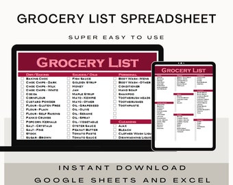 Editable and Printable Master Grocery List Spreadsheet, Grocery Planner ...