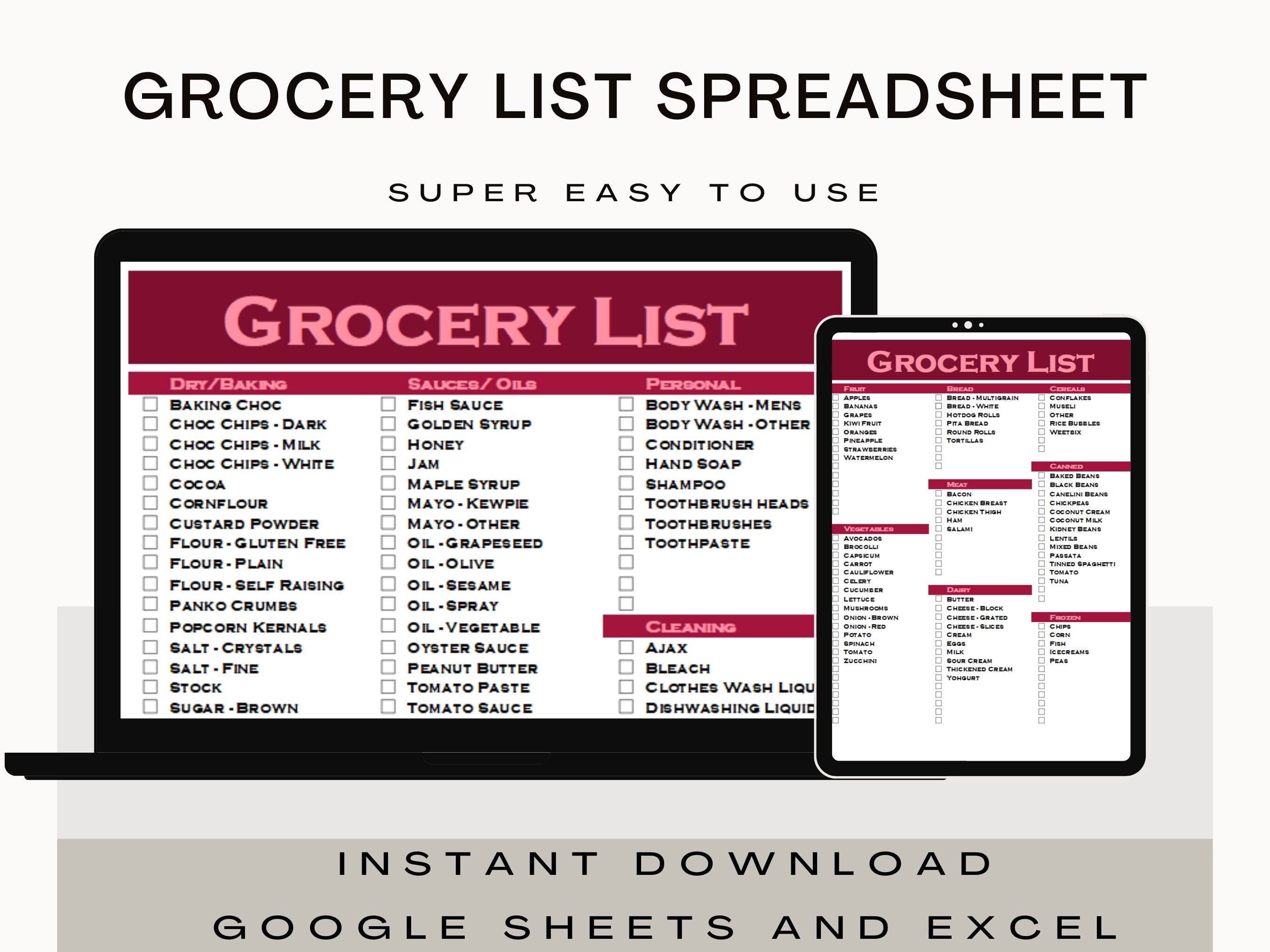 Editable and Printable Master Grocery List Spreadsheet, Grocery Planner ...