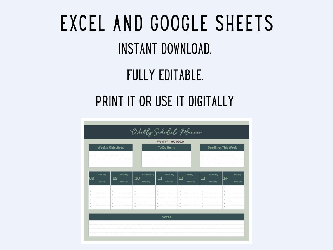 Weekly Planner Spreadsheet & Printable, Minimalist Weekly Schedule ...