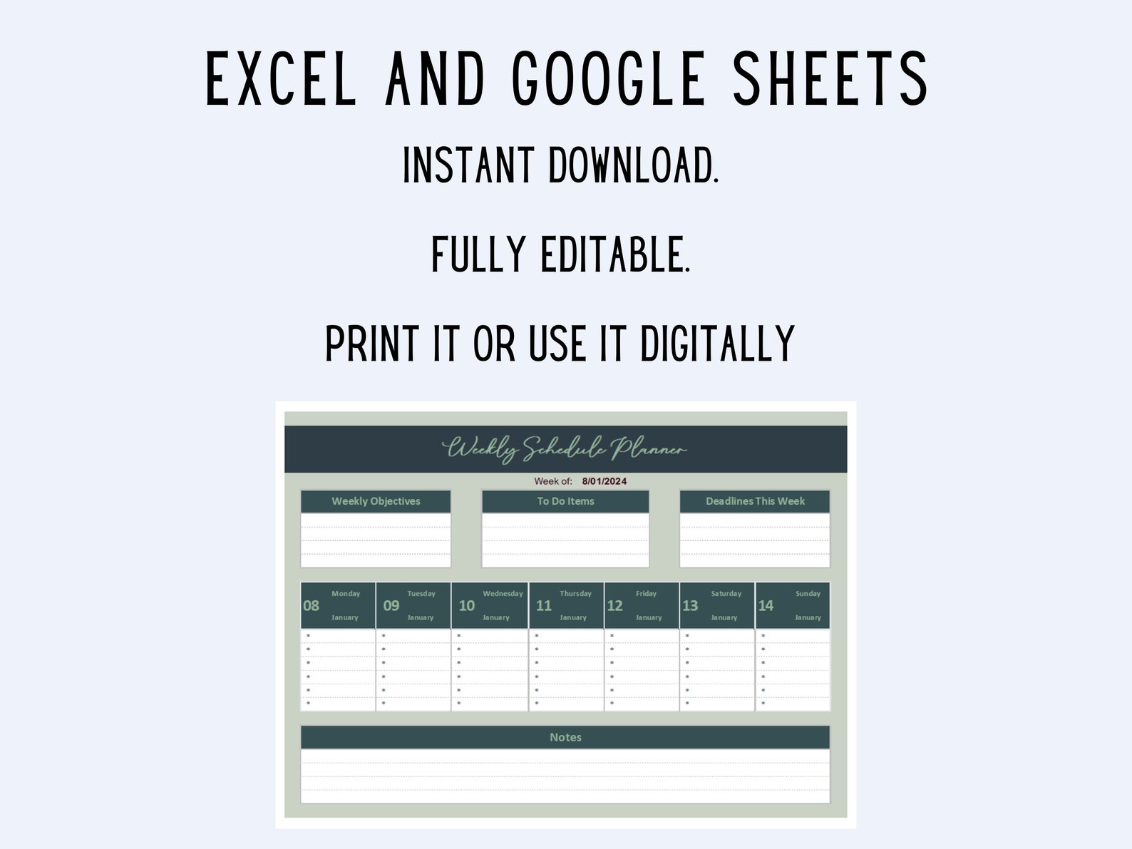 Weekly Planner Spreadsheet & Printable, Minimalist Weekly Schedule ...