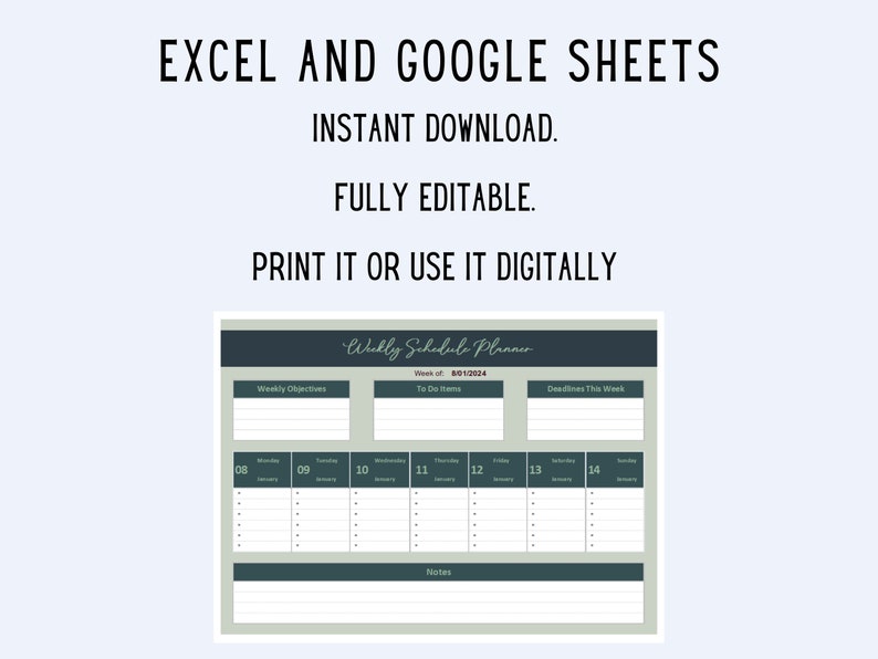 Weekly Planner Spreadsheet & Printable, Minimalist Weekly Schedule ...