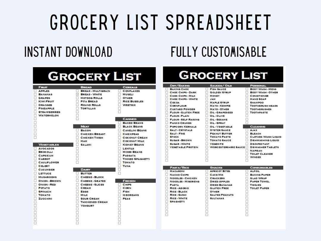 Editable and Printable Master Grocery List Spreadsheet, Grocery Planner ...