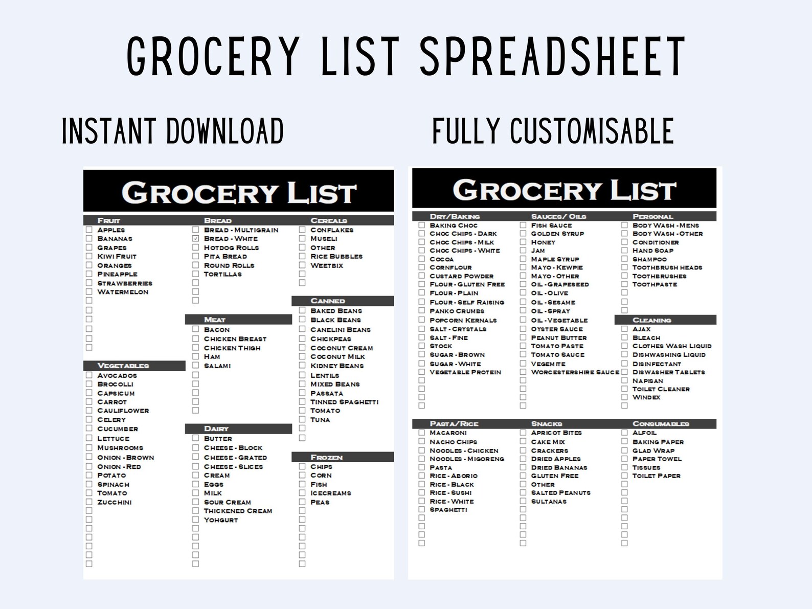 Editable and Printable Master Grocery List Spreadsheet, Grocery Planner ...