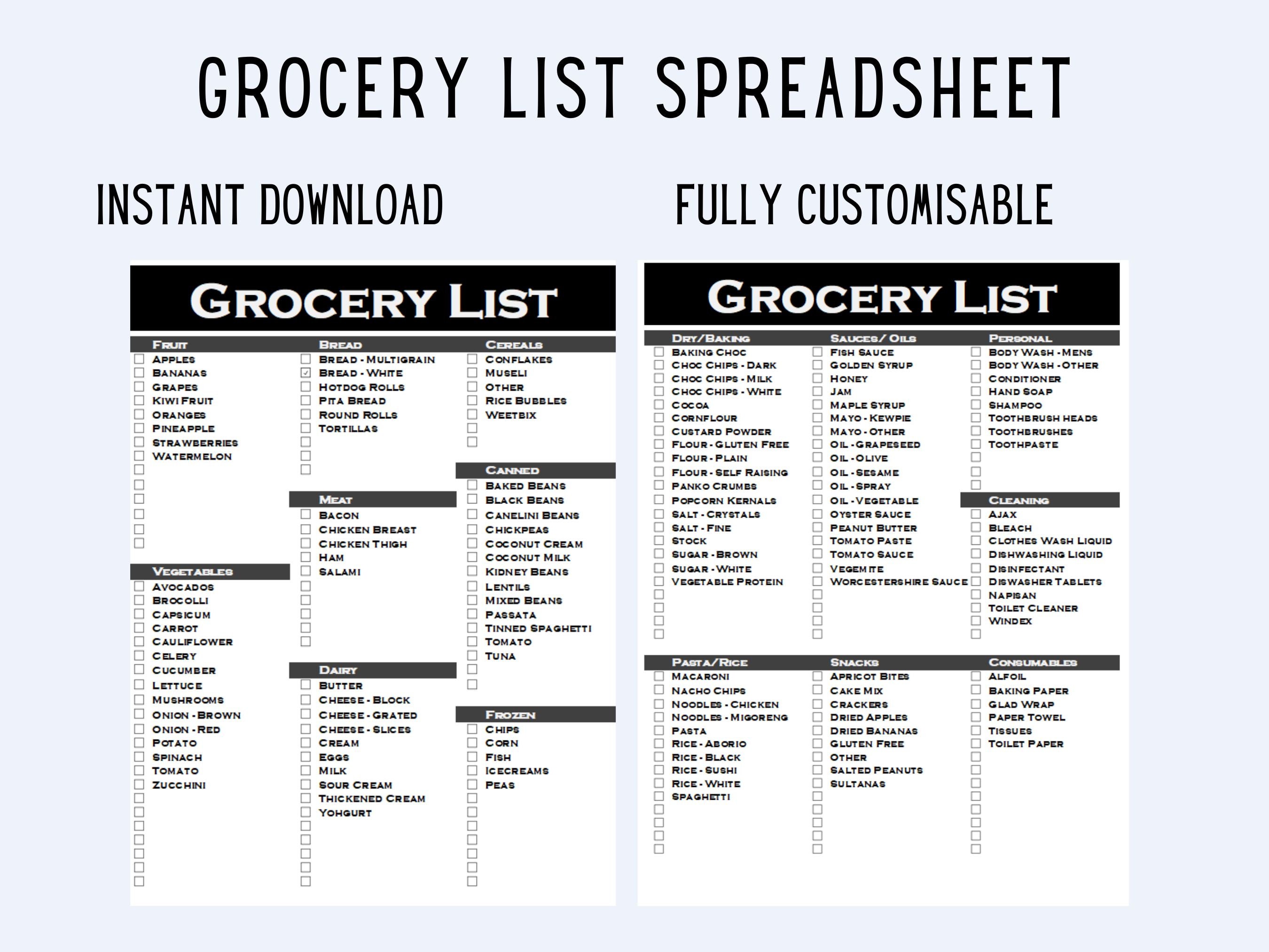 Editable and Printable Master Grocery List Spreadsheet, Grocery Planner ...