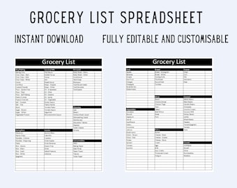 Editable and Printable Master Grocery List Spreadsheet, Grocery Planner, Food Shopping List ...