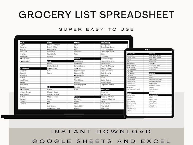 Editable and Printable Master Grocery List Spreadsheet, Grocery Planner ...