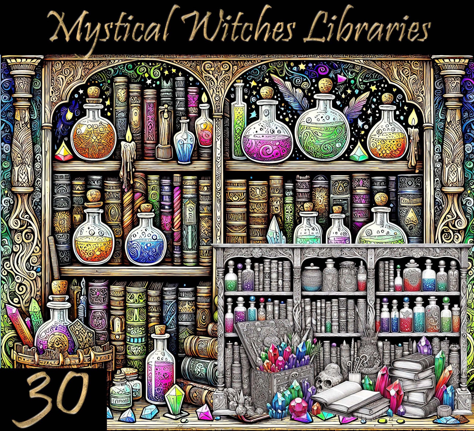 30 Mystical Witches Libraries Coloring Pages for Adults & Teens ...