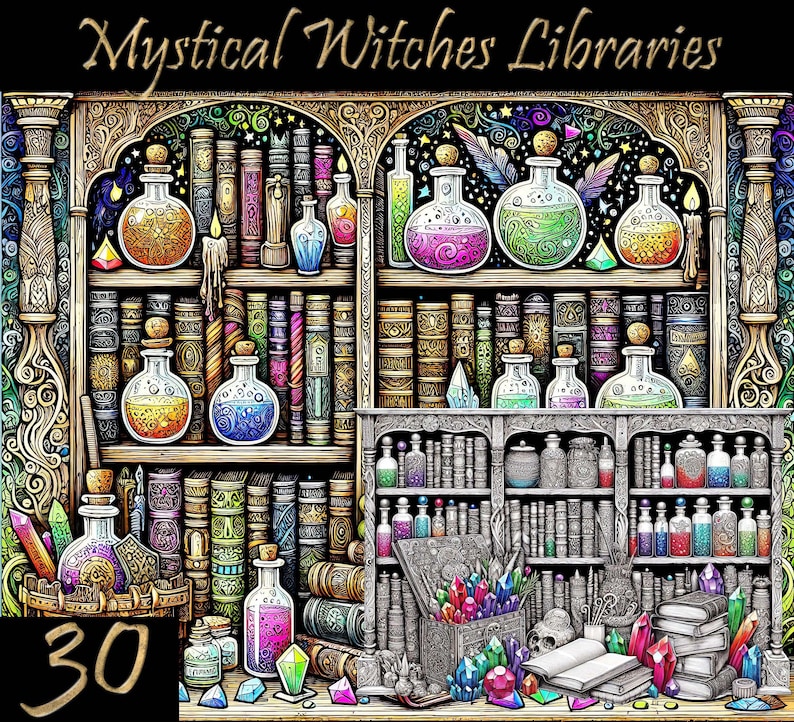 30 Mystical Witches Libraries Coloring Pages for Adults & Teens ...