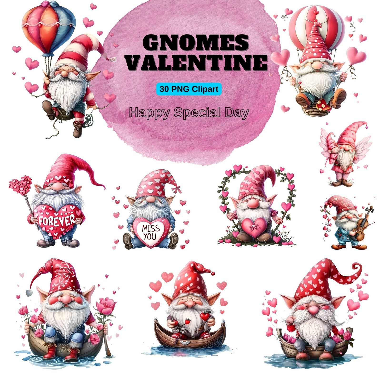 30 PNG Gnomes Clipart, Valentines Day Clipart, Watercolor Clipart ...