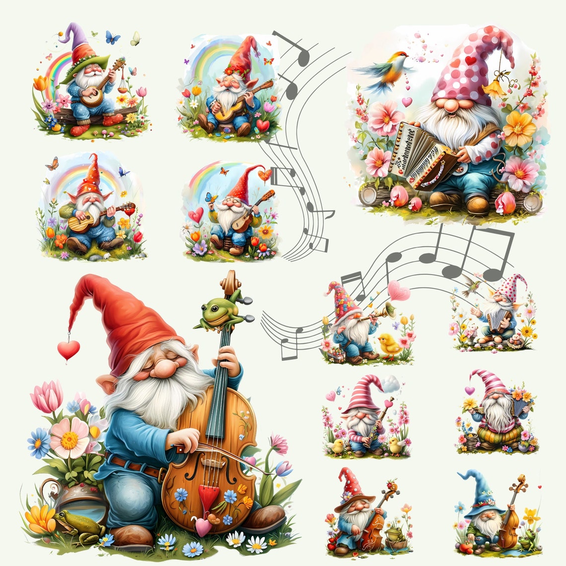 25 PNG Gnomes Clipart, Musical Clipart, Watercolor Clipart, Fantasy ...