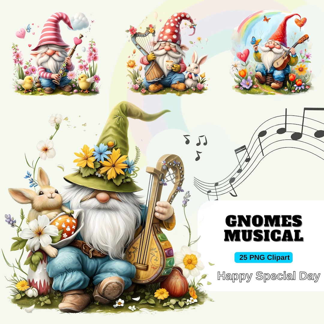 25 PNG Gnomes Clipart, Musical Clipart, Watercolor Clipart, Fantasy ...