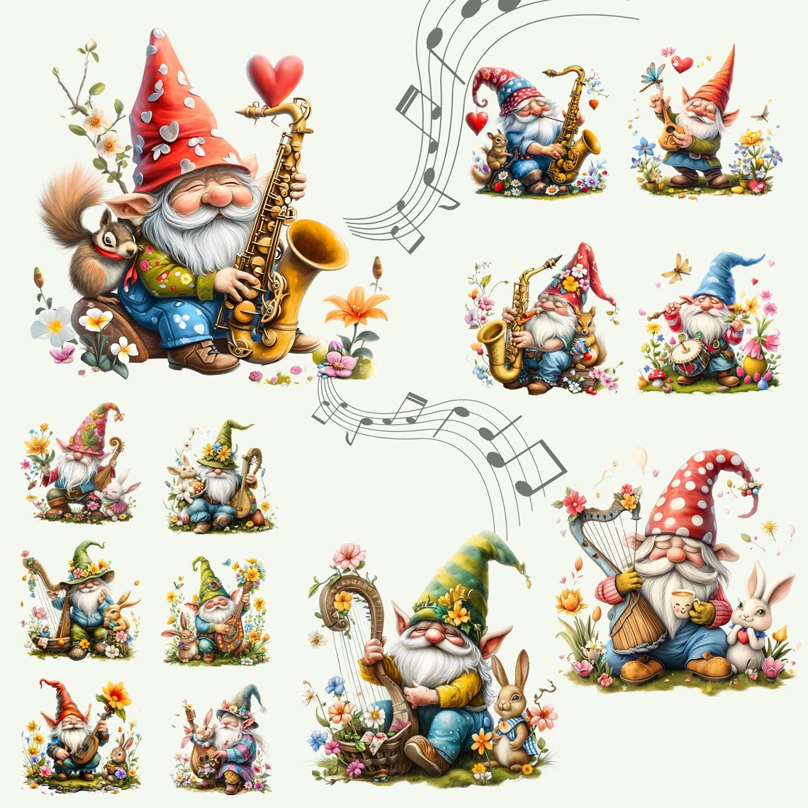 25 PNG Gnomes Clipart, Musical Clipart, Watercolor Clipart, Fantasy ...