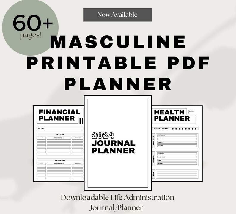 2024 Printable Masculine Planner Black and White Bullett Journal ...