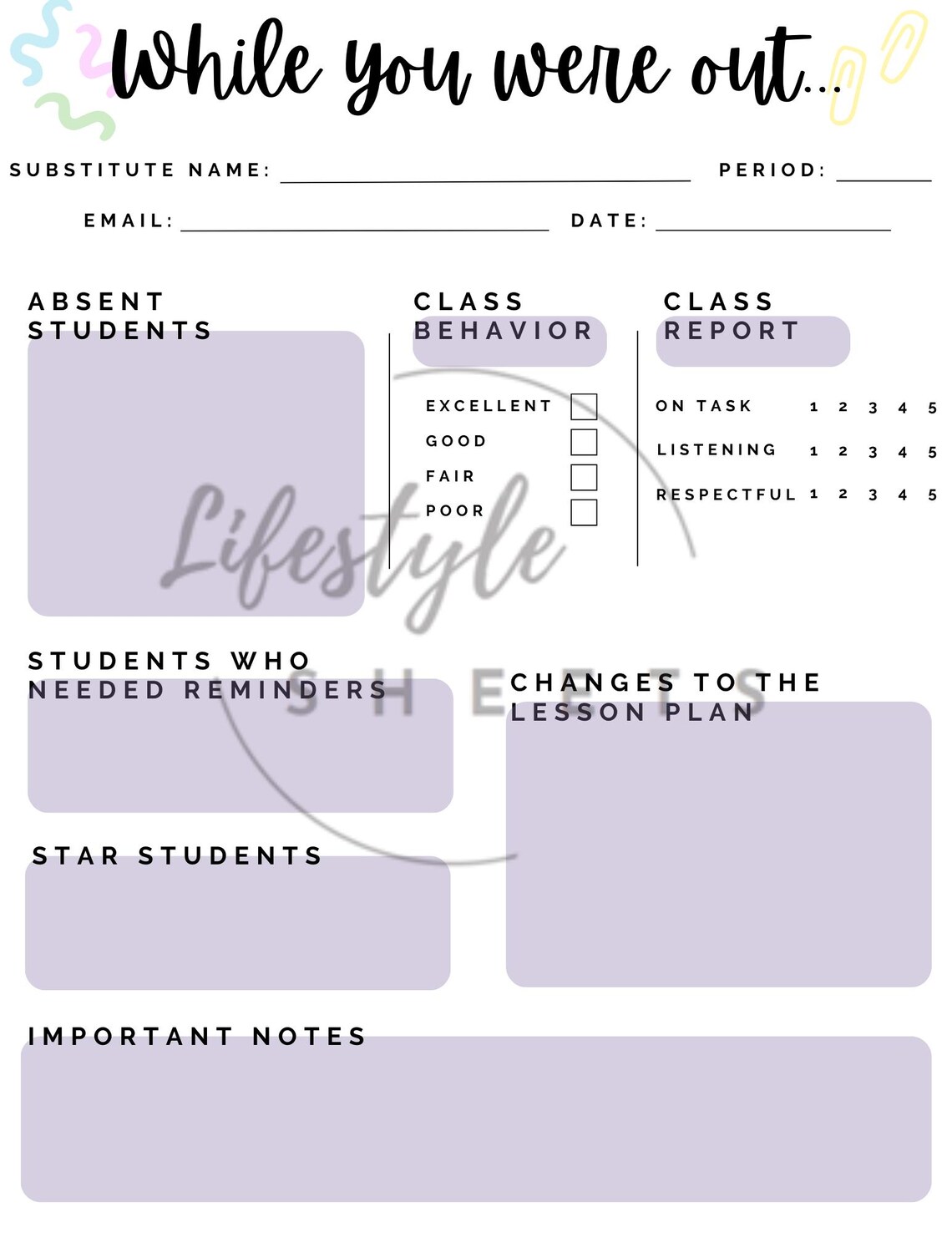 Substitute Teacher Note - While You Were Away - Substitute Resource - Etsy